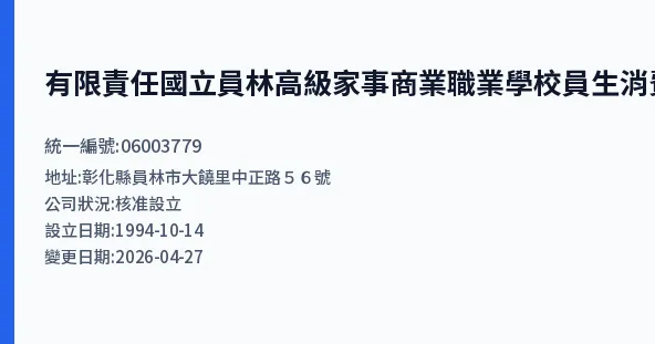 有限責任國立員林高級家事商業職業學校員生消費合作社的照片-統編 06003779(彰化縣) 公司登記資料與營業項目詳細圖表