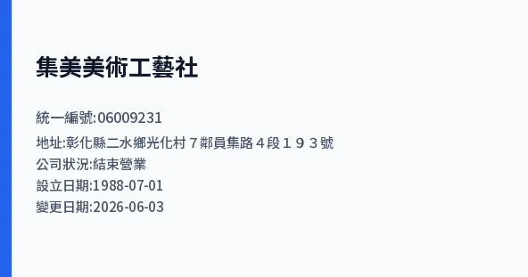 集美美術工藝社的照片-統編 06009231(彰化縣) 公司登記資料與營業項目詳細圖表
