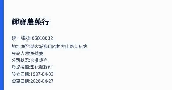 輝寶農藥行的照片-統編 06010032(彰化縣) 公司登記資料與營業項目詳細圖表