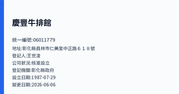 慶豐牛排館的照片-統編 06011779(彰化縣) 公司登記資料與營業項目詳細圖表