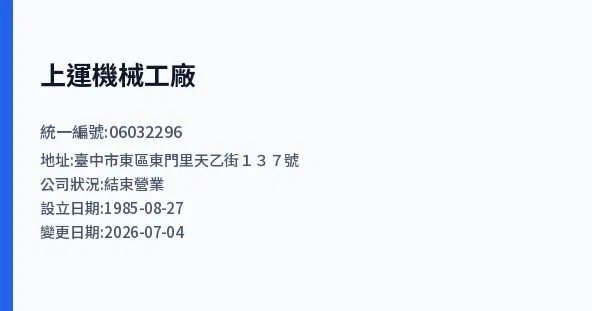 上運機械工廠的照片-統編 06032296(臺中市) 公司登記資料與營業項目詳細圖表