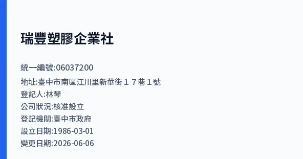 瑞豐塑膠企業社的照片-統編 06037200(臺中市) 公司登記資料與營業項目詳細圖表