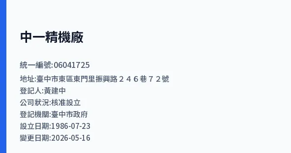 中一精機廠的照片-統編 06041725(臺中市) 公司登記資料與營業項目詳細圖表