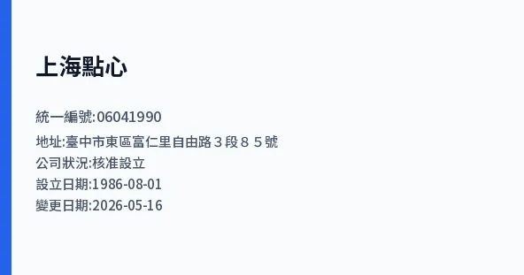 上海點心的照片-統編 06041990(臺中市) 公司登記資料與營業項目詳細圖表