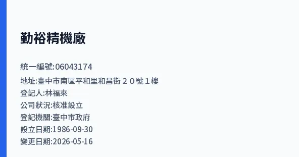 勤裕精機廠的照片-統編 06043174(臺中市) 公司登記資料與營業項目詳細圖表