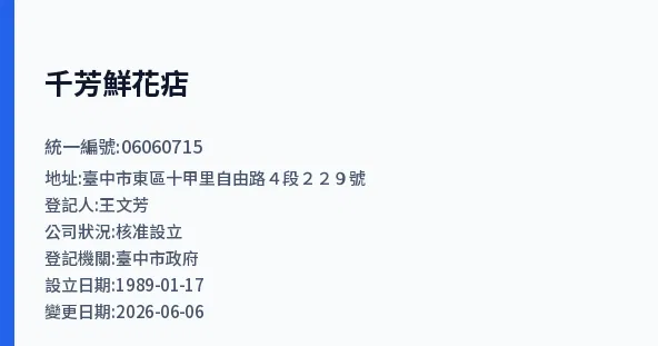 千芳鮮花痁的照片-統編 06060715(臺中市) 公司登記資料與營業項目詳細圖表