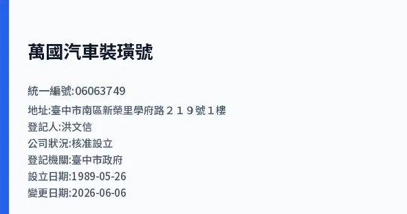 萬國汽車裝璜號的照片-統編 06063749(臺中市) 公司登記資料與營業項目詳細圖表