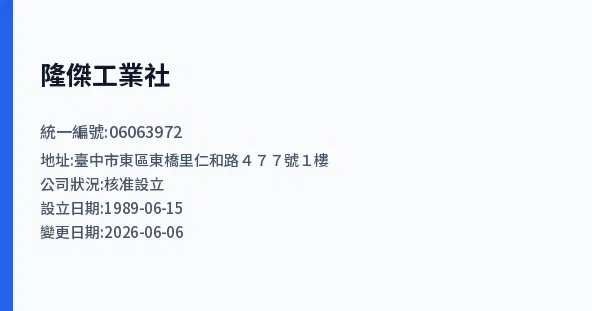 隆傑工業社的照片-統編 06063972(臺中市) 公司登記資料與營業項目詳細圖表