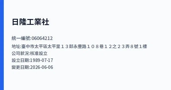 日隆工業社的照片-統編 06064212(臺中市) 公司登記資料與營業項目詳細圖表