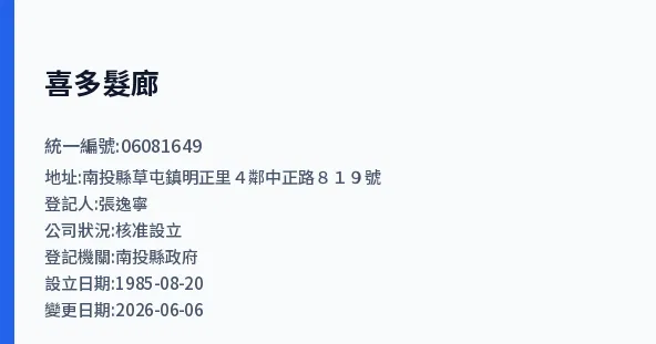 喜多髮廊的照片-統編 06081649(南投縣) 公司登記資料與營業項目詳細圖表