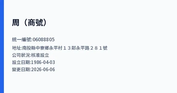 周(商號)的照片-統編 06088805(南投縣) 公司登記資料與營業項目詳細圖表