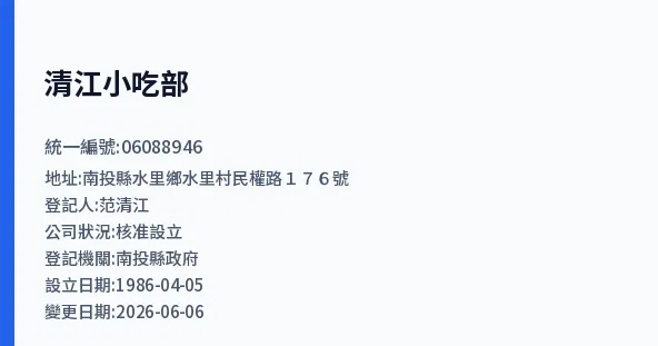 清江小吃部的照片-統編 06088946(南投縣) 公司登記資料與營業項目詳細圖表