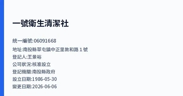 一號衛生清潔社的照片-統編 06091668(南投縣) 公司登記資料與營業項目詳細圖表