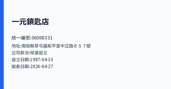 一元鎖匙店的照片-統編 06098331(南投縣) 公司登記資料與營業項目詳細圖表