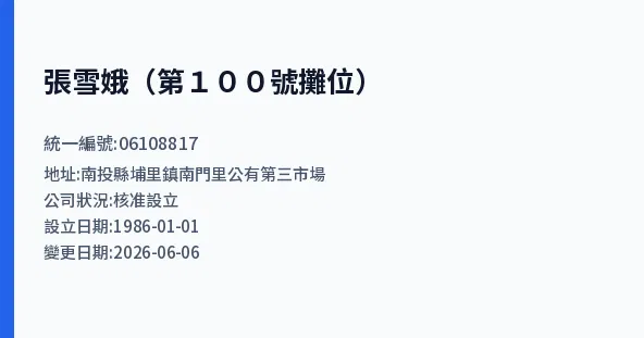 張雪娥(第100號攤位)的照片-統編 06108817(南投縣) 公司登記資料與營業項目詳細圖表