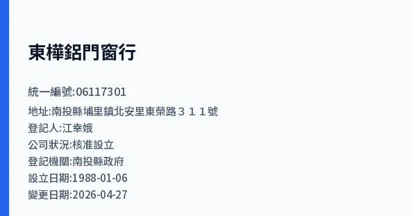 東樺鋁門窗行的照片-統編 06117301(南投縣) 公司登記資料與營業項目詳細圖表