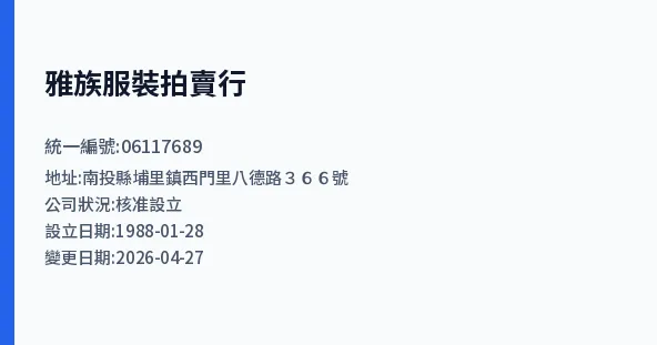 雅族服裝拍賣行的照片-統編 06117689(南投縣) 公司登記資料與營業項目詳細圖表