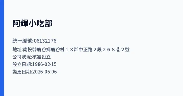 阿輝小吃部的照片-統編 06132176(南投縣) 公司登記資料與營業項目詳細圖表
