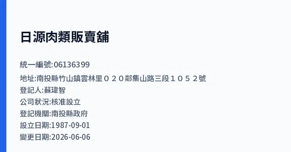 日源肉類販賣舖的照片-統編 06136399(南投縣) 公司登記資料與營業項目詳細圖表