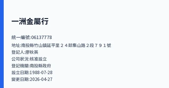 一洲金屬行的照片-統編 06137778(南投縣) 公司登記資料與營業項目詳細圖表