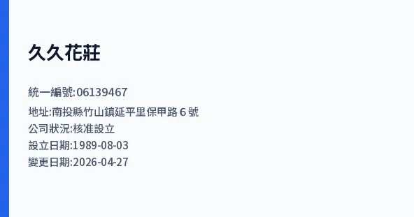 久久花莊的照片-統編 06139467(南投縣) 公司登記資料與營業項目詳細圖表