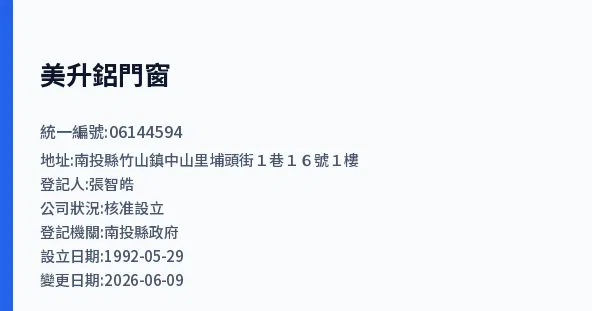 美升鋁門窗的照片-統編 06144594(南投縣) 公司登記資料與營業項目詳細圖表