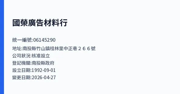 國榮廣告材料行的照片-統編 06145290(南投縣) 公司登記資料與營業項目詳細圖表