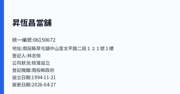 昇恆昌當舖的照片-統編 06150672(南投縣) 公司登記資料與營業項目詳細圖表