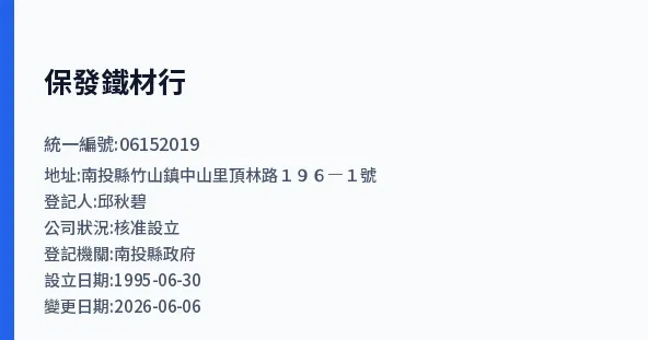 保發鐵材行的照片-統編 06152019(南投縣) 公司登記資料與營業項目詳細圖表