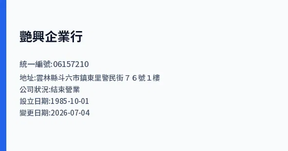 艷興企業行的照片-統編 06157210(雲林縣) 公司登記資料與營業項目詳細圖表