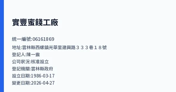 實豐蜜餞工廠的照片-統編 06161869(雲林縣) 公司登記資料與營業項目詳細圖表
