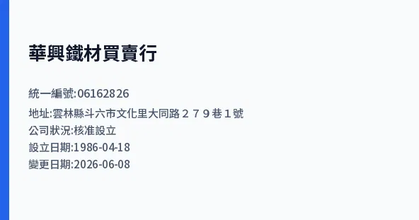 華興鐵材買賣行的照片-統編 06162826(雲林縣) 公司登記資料與營業項目詳細圖表