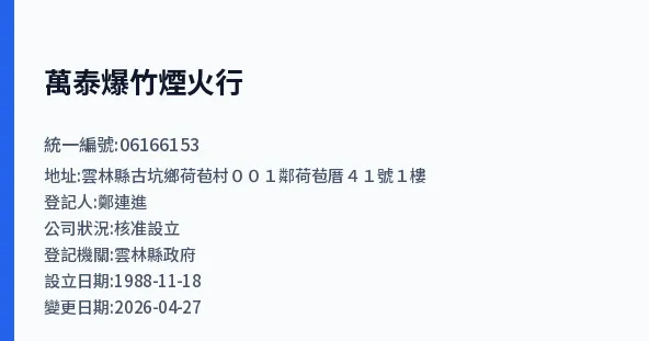 萬泰爆竹煙火行的照片-統編 06166153(雲林縣) 公司登記資料與營業項目詳細圖表