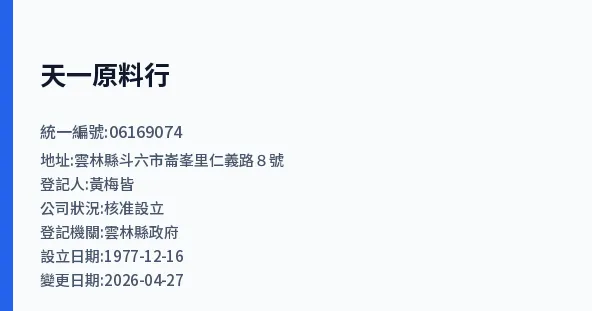 天一原料行的照片-統編 06169074(雲林縣) 公司登記資料與營業項目詳細圖表