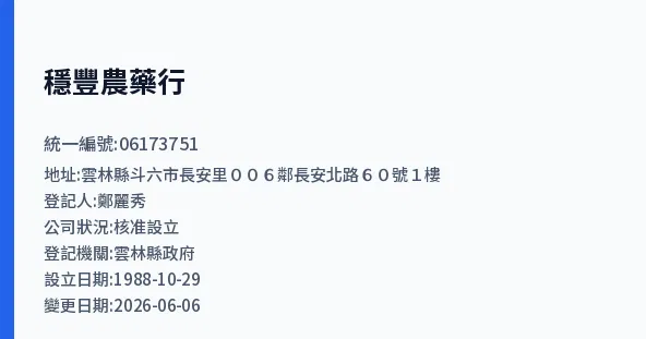 穩豐農藥行的照片-統編 06173751(雲林縣) 公司登記資料與營業項目詳細圖表