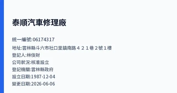 泰順汽車修理廠的照片-統編 06174317(雲林縣) 公司登記資料與營業項目詳細圖表