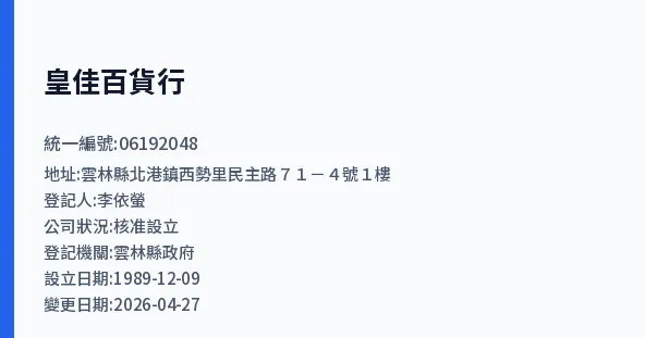 皇佳百貨行的照片-統編 06192048(雲林縣) 公司登記資料與營業項目詳細圖表