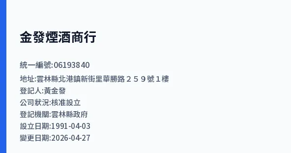 金發煙酒商行的照片-統編 06193840(雲林縣) 公司登記資料與營業項目詳細圖表