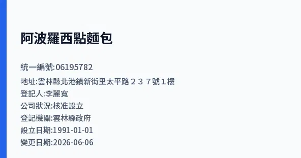阿波羅西點麵包的照片-統編 06195782(雲林縣) 公司登記資料與營業項目詳細圖表