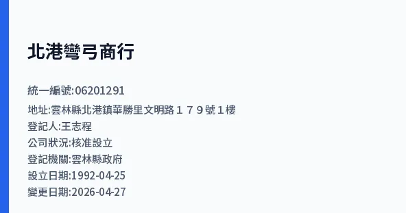 北港彎弓商行的照片-統編 06201291(雲林縣) 公司登記資料與營業項目詳細圖表