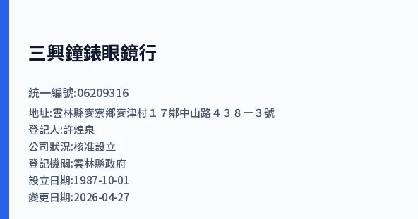 三興鐘錶眼鏡行的照片-統編 06209316(雲林縣) 公司登記資料與營業項目詳細圖表