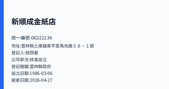 新順成金紙店的照片-統編 06212136(雲林縣) 公司登記資料與營業項目詳細圖表