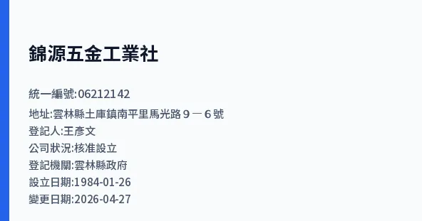 錦源五金工業社的照片-統編 06212142(雲林縣) 公司登記資料與營業項目詳細圖表