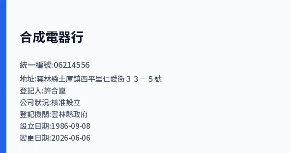 合成電器行的照片-統編 06214556(雲林縣) 公司登記資料與營業項目詳細圖表