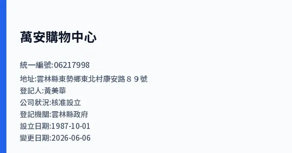 萬安購物中心的照片-統編 06217998(雲林縣) 公司登記資料與營業項目詳細圖表