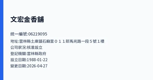 文宏金香舖的照片-統編 06219095(雲林縣) 公司登記資料與營業項目詳細圖表