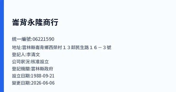 崙背永隆商行的照片-統編 06221590(雲林縣) 公司登記資料與營業項目詳細圖表