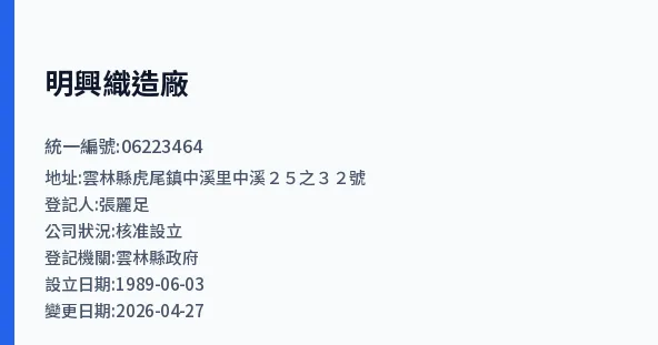明興織造廠的照片-統編 06223464(雲林縣) 公司登記資料與營業項目詳細圖表