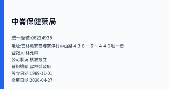中崙保健藥局的照片-統編 06224935(雲林縣) 公司登記資料與營業項目詳細圖表