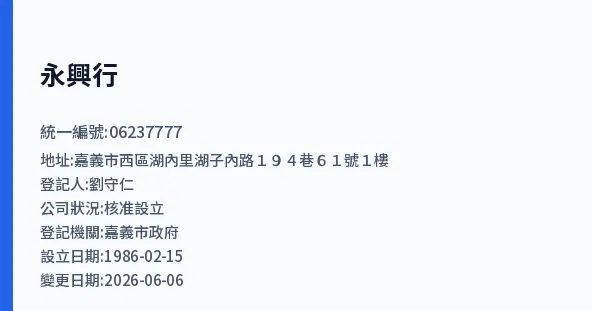 永興行的照片-統編 06237777(嘉義市) 公司登記資料與營業項目詳細圖表
